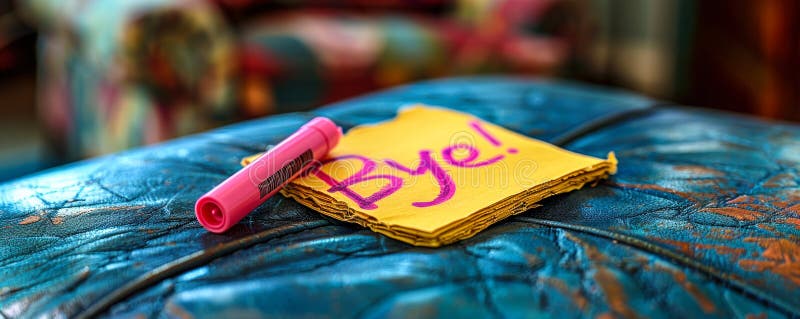Handwritten Bye! Farewell Message on a Yellow Sticky Note with Pink ...