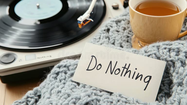 Handwritten Do Nothing Note beside Cozy Yarn and Vinyl Record Player ...