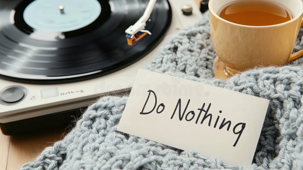 Handwritten Do Nothing Note beside Cozy Yarn and Vinyl Record Player ...