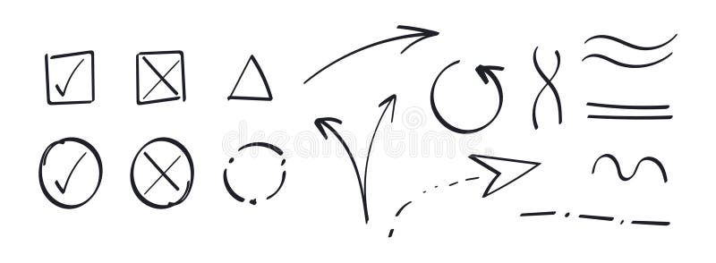 Handwritten Doodle Set Elements. Check, Cross. Arrows and Triangle ...