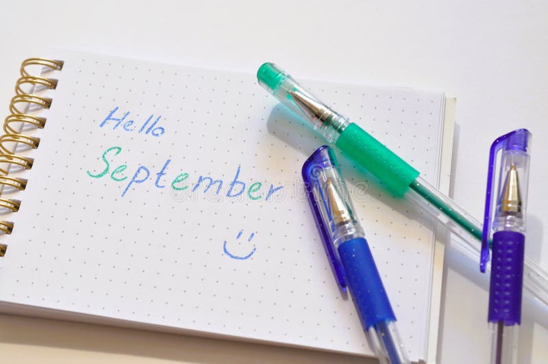 Handwritten Hello September Text in Notepad Stock Image - Image of text ...
