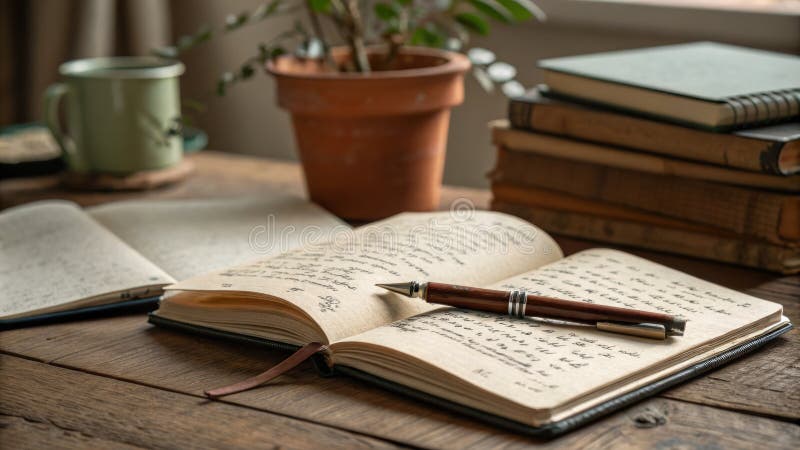 Handwritten Journal Entry Open Book, Pen, and Plant Still Life Stock ...