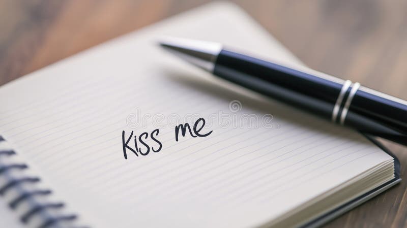 Handwritten Kiss Me Note beside Ballpoint Pen Resting on Rustic Wooden ...