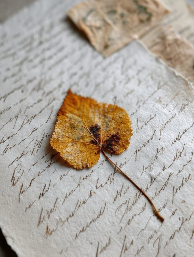 Handwritten Letter Featuring a Pressed Autumn Leaf Against a Backdrop ...