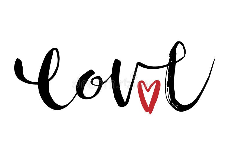 Handwritten Lettering Word Love With Red Heart Isolated On White
