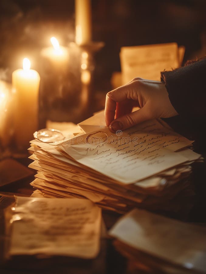 Handwritten Letters with Dated Correspondence Stacked beside Flickering ...