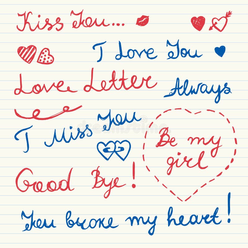 Handwritten Love Messages and Hearts Set Stock Vector - Illustration of ...