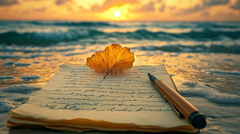 A Handwritten Note on the Beach at Sunset with a Leaf and Pen Stock ...