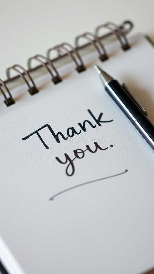 Simple Thank You Note on a White Notepad with a Black Pen Resting ...