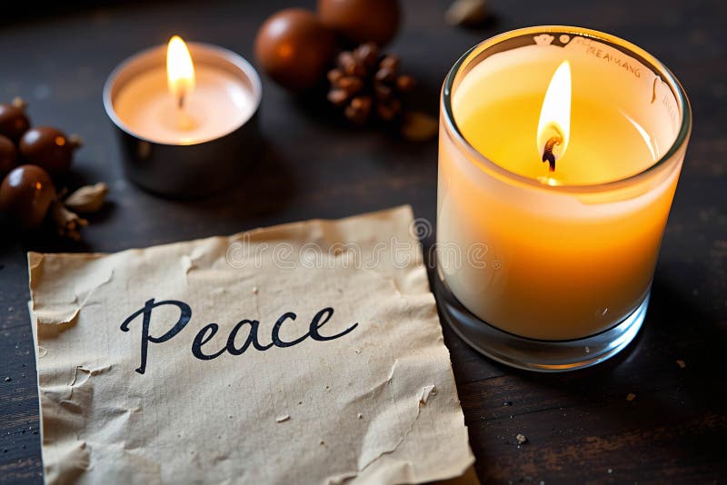 A Handwritten Note with a Peace Message is Placed beside a Glowing ...