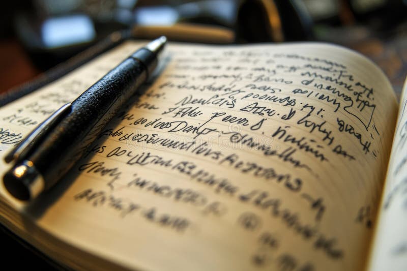 A Close-up View of Handwritten Notes in a Notebook with a Pen Resting ...