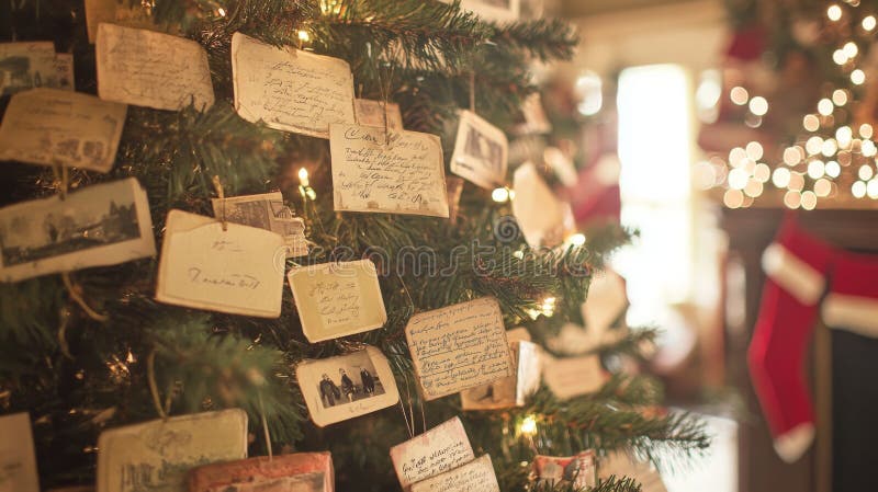Handwritten Notes and Photographs Hung on a Christmas Tree Stock ...
