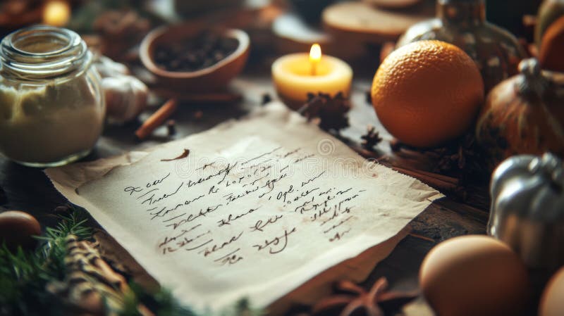 A Handwritten Recipe on Rustic Table with Spices and Candlelight Stock ...