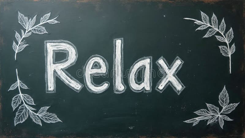 Handwritten Relax on Chalkboard with Tea Leaf Doodles in Corners Stock ...