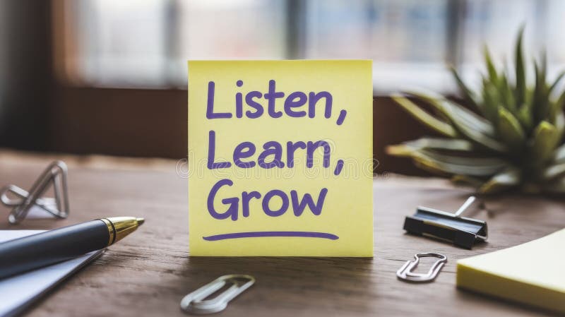 Handwritten Reminder on Sticky Note: "Listen, Learn, Grow" for Personal ...