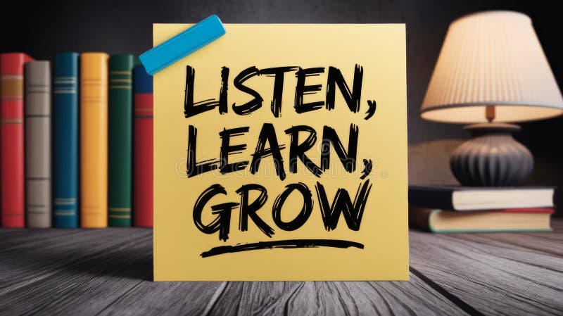 Handwritten Reminder on Sticky Note: "Listen, Learn, Grow" for Personal ...
