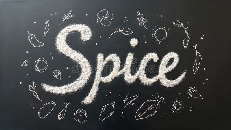 Handwritten Spice Surrounded by Pepper and Herb Doodles on Chalkboard ...