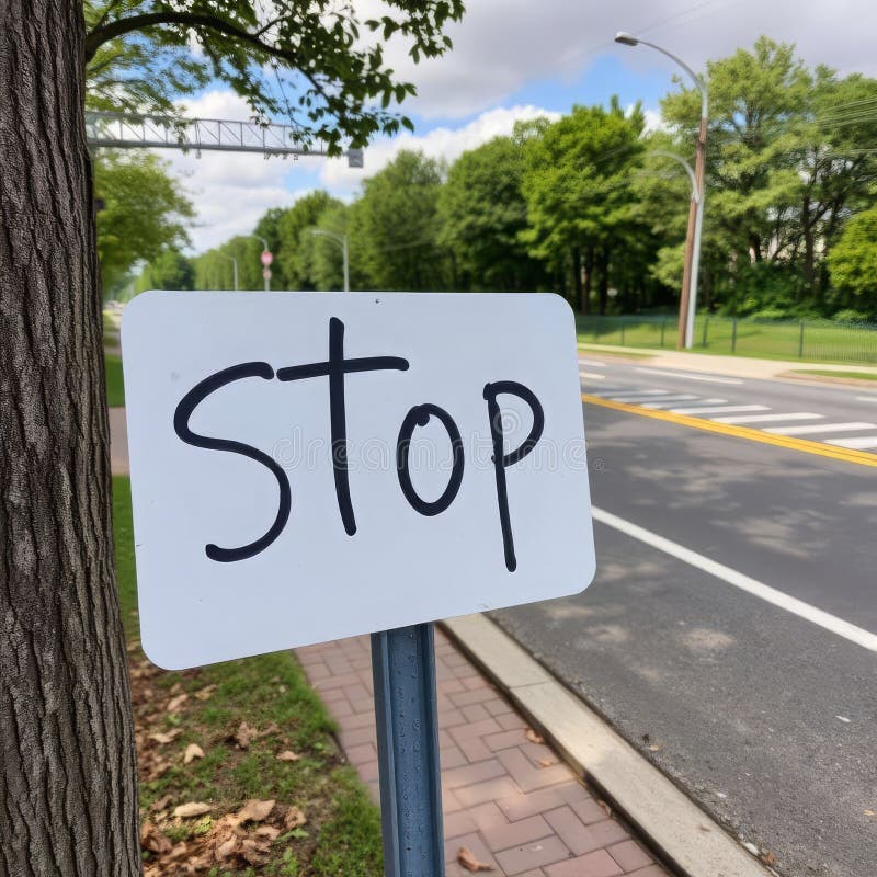 Handwritten Stop Sign on a Post Near a Tree-lined Road Stock Photo ...