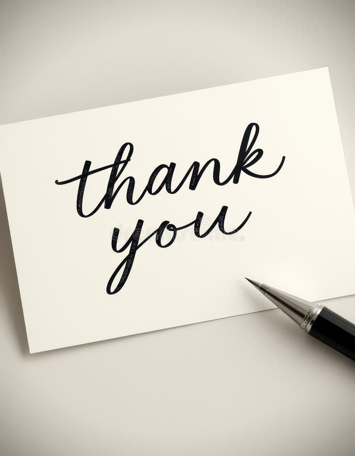 Handwritten Thank You Note with Elegant Script on Cream Paper Accompanied by a Sleek Pen Stock ...