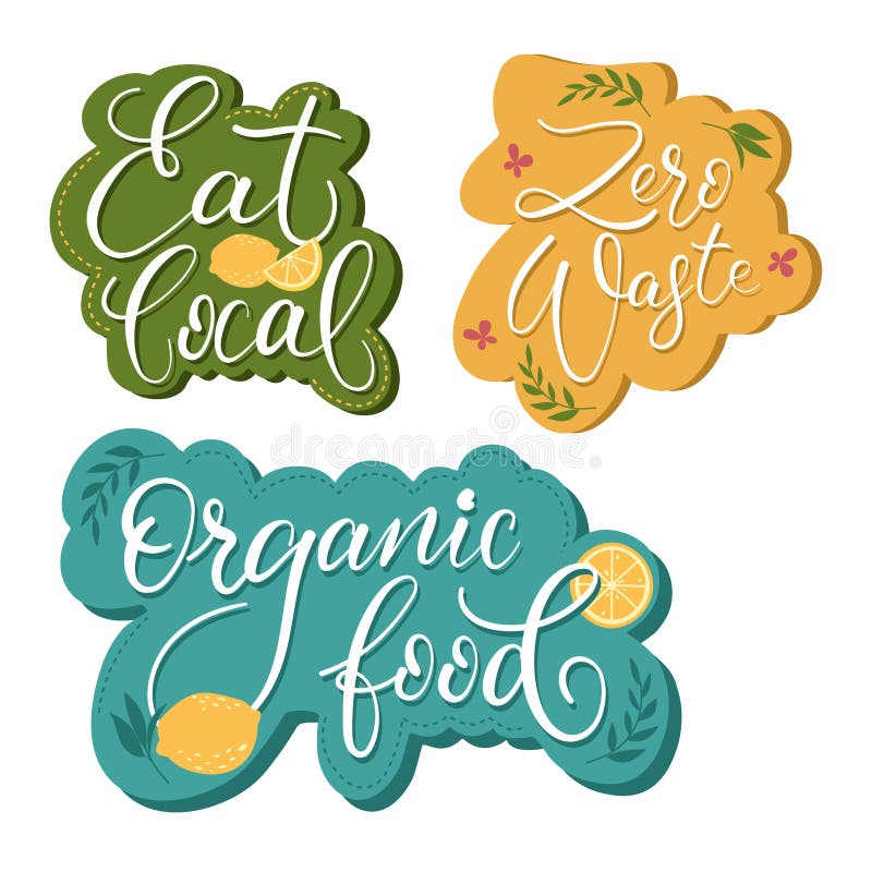 Handwritten Vector Lettering Stickers about Local Food and Zero Waste ...