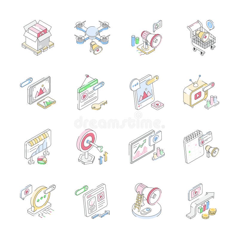 Handy Bundle of Online Marketing Isometric Icons Stock Illustration ...