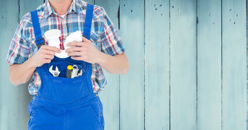 Handy Man with Tools Standing Against Wooden Background Stock ...