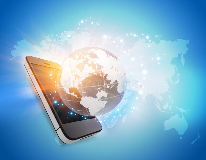 Handy Mit Kugel Und Karte Im Hintergrund Stock Abbildung - Illustration ...