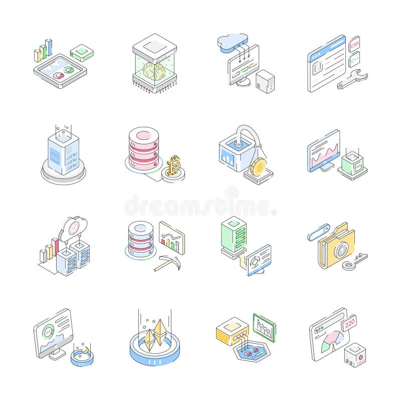 Handy Pack of Data Technology Isometric Outline Icons Stock Vector ...