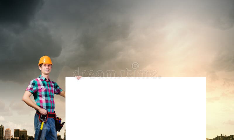 Handyman with banner stock image. Image of engineer, construction ...