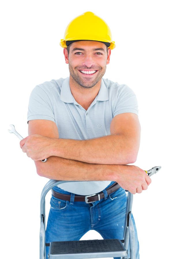 Technician with Tools Showing Thumbs Up by Step Ladder Stock Image ...