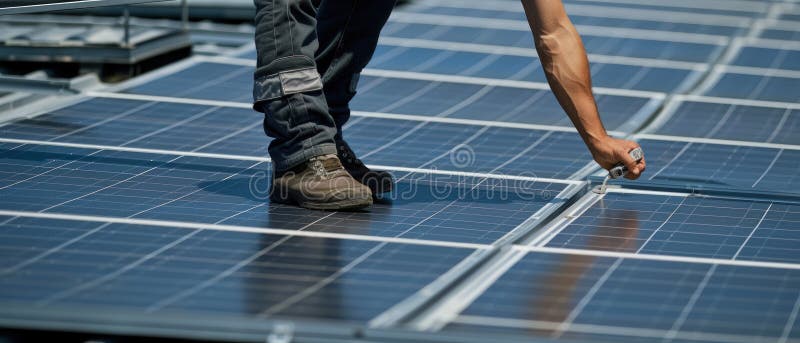 A Handyman Installing Solar Panels. Technician or Engineer Working on a ...