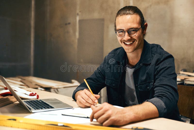 Handyman, Laptop and Portrait with Notebook for Construction, Furniture ...