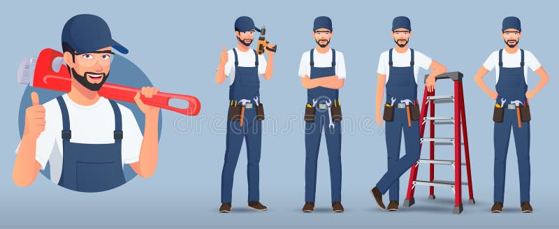 Handyman, Maintenance Engineer Character in Various Poses Vector ...