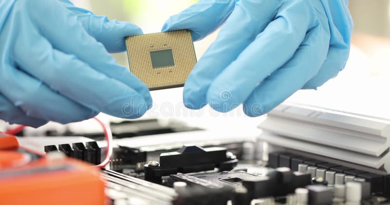 Handyman in Rubber Gloves Installing Computer Processor Closeup 4k ...