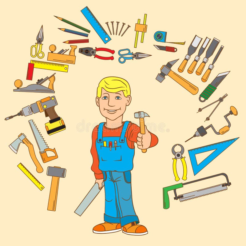 Handyman and Set of Hand Tools for Productive Work. Stock Vector ...