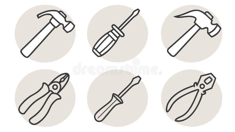 Handyman Tool Icons with Hammer and Screwdriver in Line Art, Vector ...