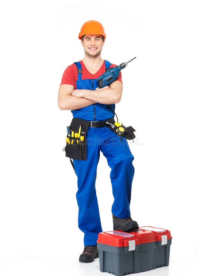Handyman with Tools Full Portrait Isolated Stock Photo - Image of hand ...