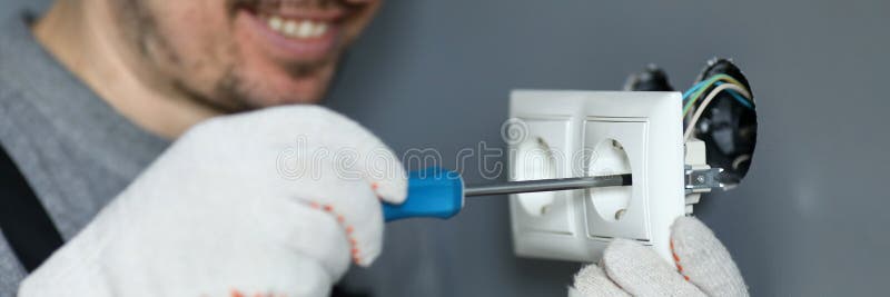 Handyman Using Screwdriver To Install Sockets Stock Image - Image of ...