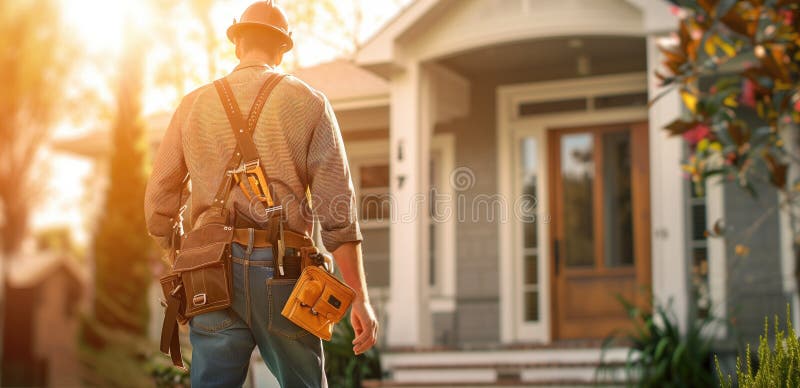Handyman Wearing Tool Belt and Protective Gear Standing in Front of ...