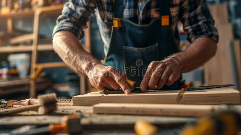 Handyman Working on a DIY Project with Tools and Materials on a Wooden ...