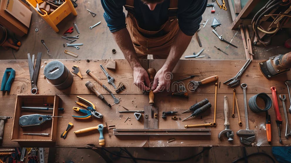 Handyman Working on a DIY Project with Tools and Materials on a Wooden ...