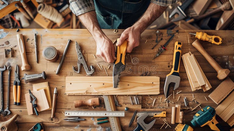 Handyman Working on a DIY Project with Tools and Materials on a Wooden ...