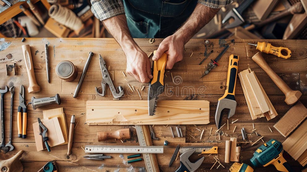 Handyman Working on a DIY Project with Tools and Materials on a Wooden ...