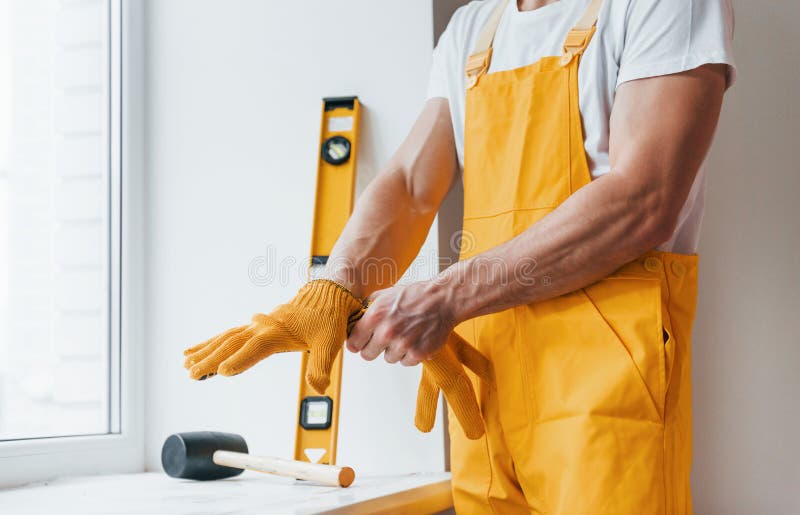 Handyman Yellow Uniform Preparing Work Indoors House Renovation ...