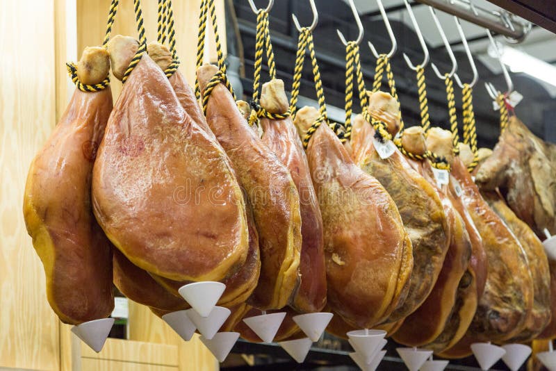 Hamon on the Market of Barcelona, Meat in the Boqueria Market Stock ...