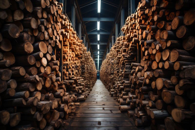 Hangar Full with Logs and a Pathway in the Middle. a Hall with Logs ...