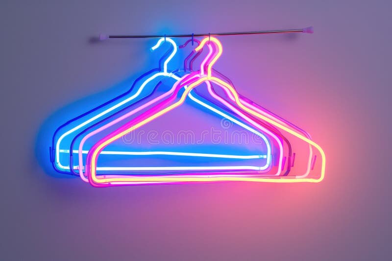A Hanger with Clothes Hanging from it, Illuminated by a Neon Sign Stock ...