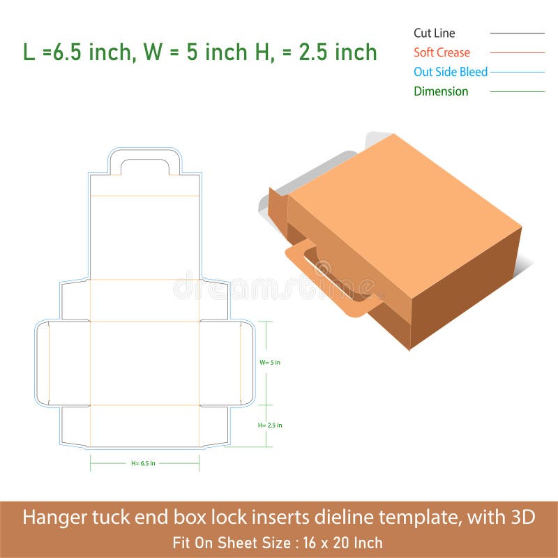 Hanger Tuck End Box Lock Inserts Dieline Template, with 3D Stock Vector ...