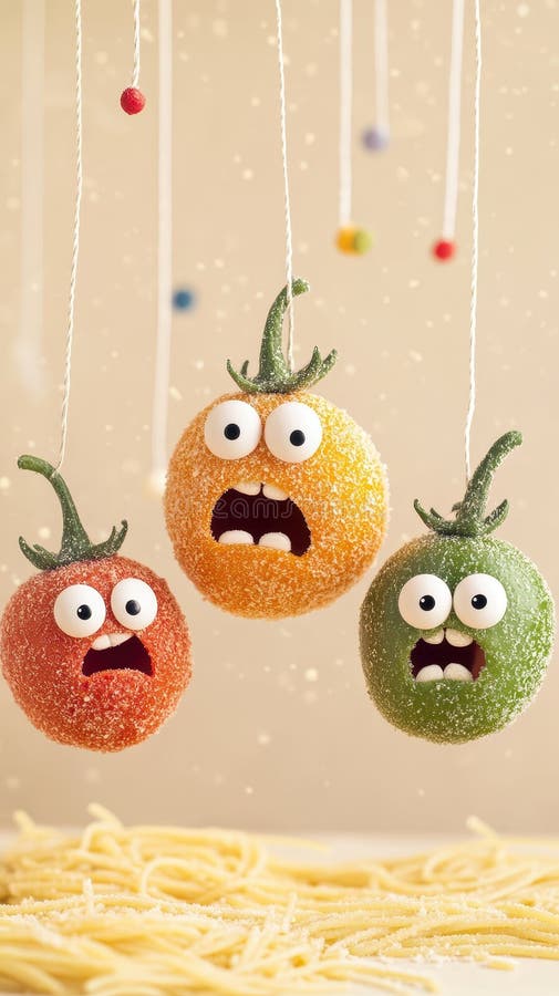 Hanging Animated Tomatoes with Surprised Faces and Pasta Stock ...