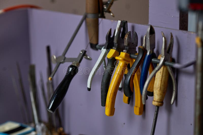 Hanging Assorted Tools in Workshop with Organized Setup Stock Image ...